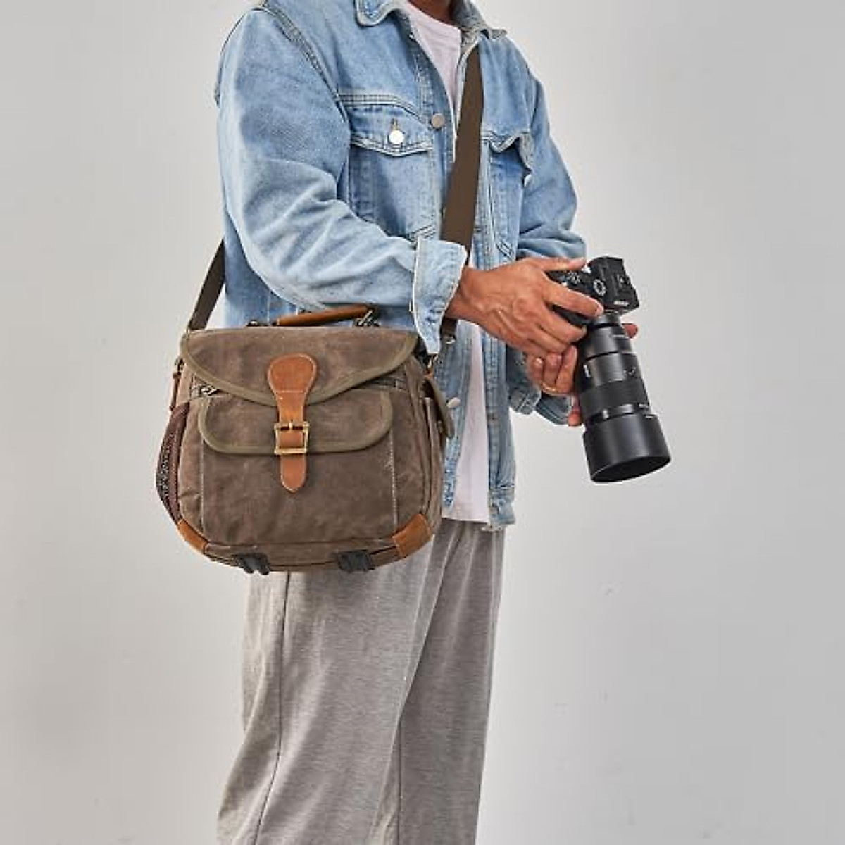 AGDHERSNVX Waxed Canvas Camera Bag DSLR/SLR/Mirrorless Sling Waterproof Purse with Tripod Holder Anti-shock Crossbody Case Compatible for Nikon Canon Sony ArmyGreen