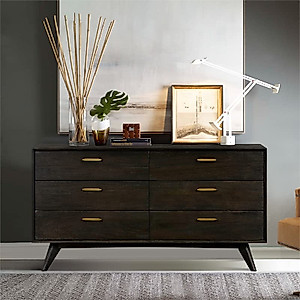 Loft 6-Drawer Acacia Mid-Century Modern Bedroom Dresser, 63" Wide, Brushed Brown-Grey