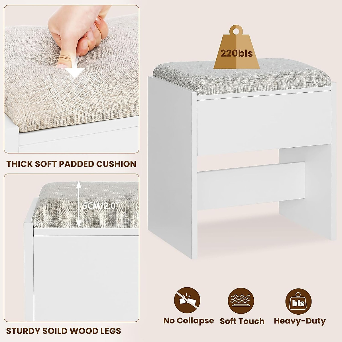 Quimoo Vanity Desk Set with LED Tri-Fold Lighted Mirror & Power Outlet, Makeup Vanity Table with 4 Drawers, Cushioned Stool, for Bedroom, Bathroom, White