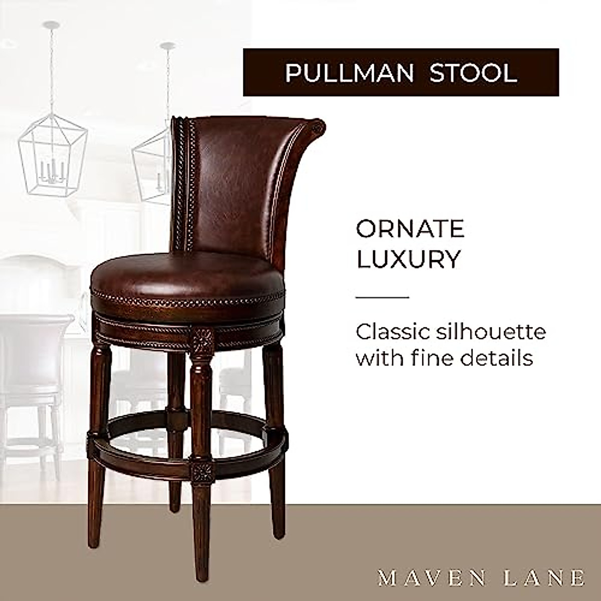 Maven Lane Pullman High-Back Kitchen Swivel Bar Stool, Dark Walnut, Bar Height