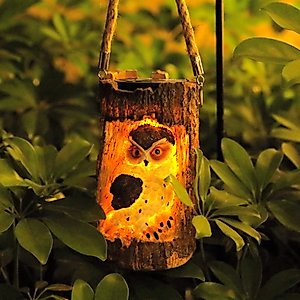 KZOBYD Solar Hanging Lanterns Outdoor Waterproof Owl Stump Lamp with Handle LED Owl Statue Light Lawn Figurine Solar Powered for Patio Courtyard Yard Garden Porch Tabletop Decor (Brown Wing)
