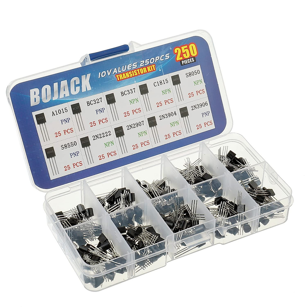 BOJACK 10 Values 250 Pcs A1015 BC327 BC337 C1815 S8050 S8550 2N2222 2N2907 2N3904 2N3906 PNP NPN Power General Purpose Transistors Assortment Kit