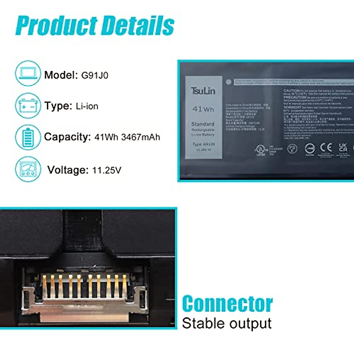 TsuLin G91J0 Laptop Battery Compatible with Dell Latitude 3320 3420 3520 Inspiron 5410 5418 3510 3511 3515 5515 Vostro 5510 5515 Series V6W33 0WV3K8 0VKYJX 0MVK11 0XDY9K 0PG8YJ 0927N5 0MGCM5 0FH3K2