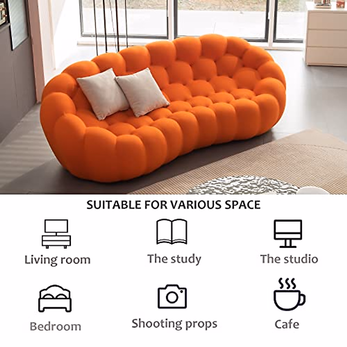 COULDWILL Modern Curved Sofa Upholstered Couch Overall Shaped Bubble Floor Sofa for Living Room, Office, Apartment, Orange