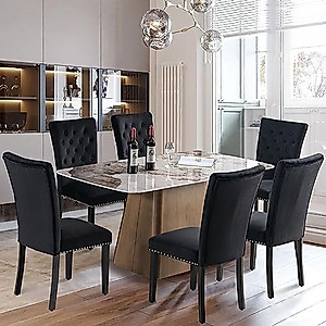 Restworld Velvet Fabric Dining Chair Set of 2 with Button & Nailhead Decoration, Tufted Upholstered Chair for Bedroom & Dining Room, Modern Luxury Style Solid Wood Legs (Black)