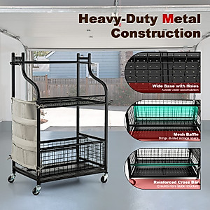 Goplus Garden Tool Organizer, 3-Tier Garage Tool Storage Cart w/Removable Hooks, Side Bag, Universal Wheels, Yard Tool Rack Holder, Metal Tool Rolling Cart for Shed, Lawn