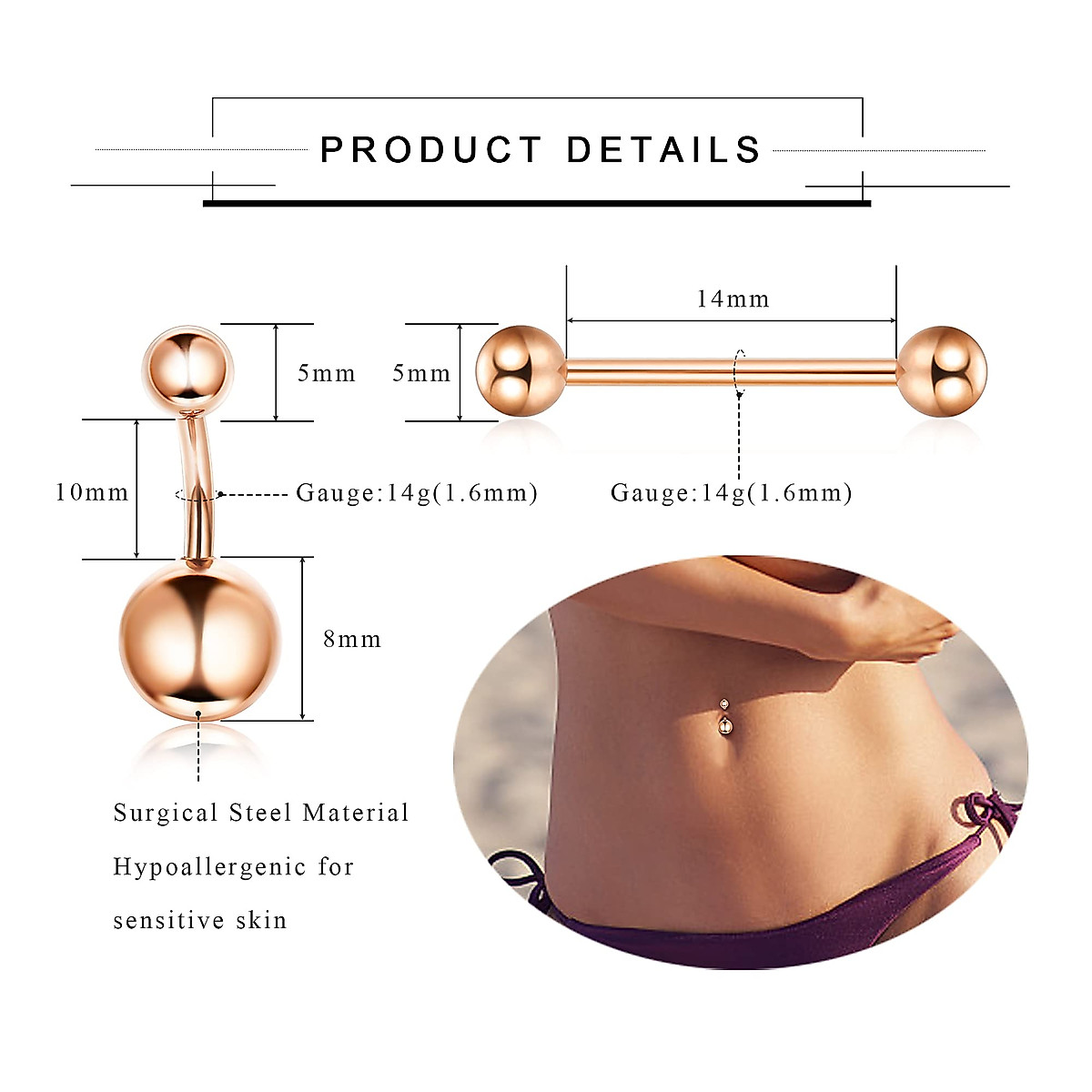 Drperfect Nipple Rings Dangle Belly Button Rings for Women 14G 316L Surgical Steel Curved Navel Barbell CZ Tongue Rings Nipple Piercing Jewelry