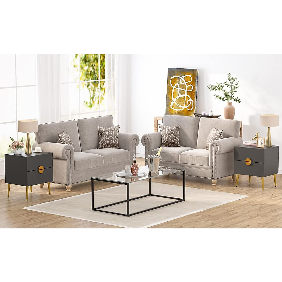 Tribesigns Nightstands Set of 2, Mid-Century Modern Nightstand with 2 Drawers, Bedside Tables with Champagne Metal Legs, End Table for Bedroom