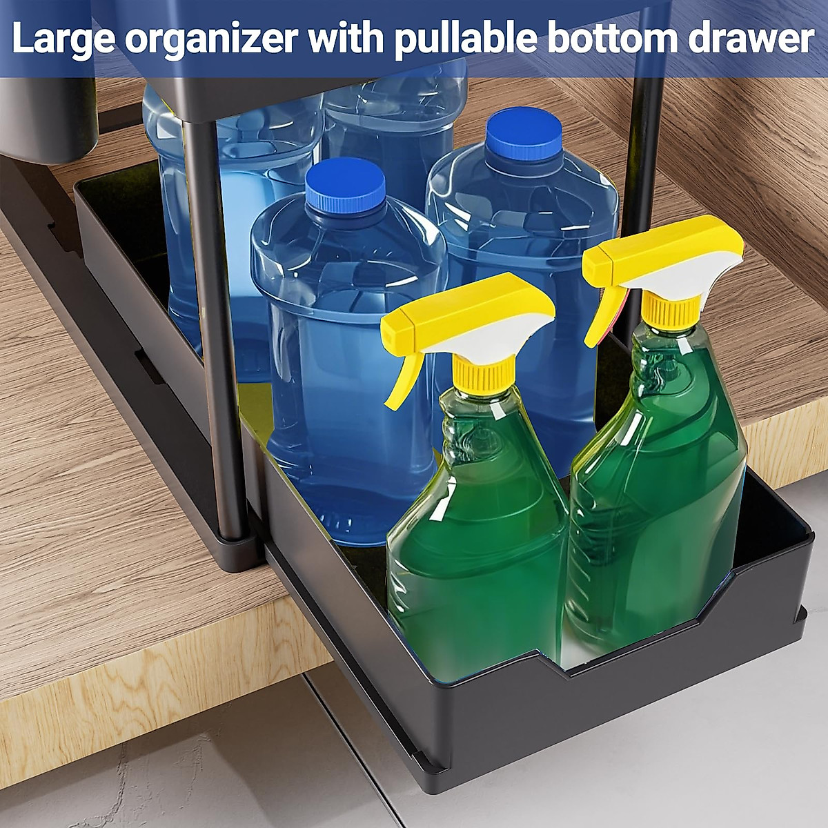3 Pack Puricon Under Sink Organizer Pull Out Under Sink Storage, 2 Tier Multi-Purpose Sliding Under the Sink Organizer Bathroom Kitchen Sink Organizer Under Cabinet Shelf for Cleaning Supplies -Black