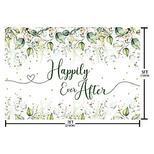 AIBIIN 7x5ft Happily Ever After Backdrop for Wedding Eucalyptus Leaves Gold Dots Photography Background Bridal Shower Wedding Party Decorations Banner Photo Props