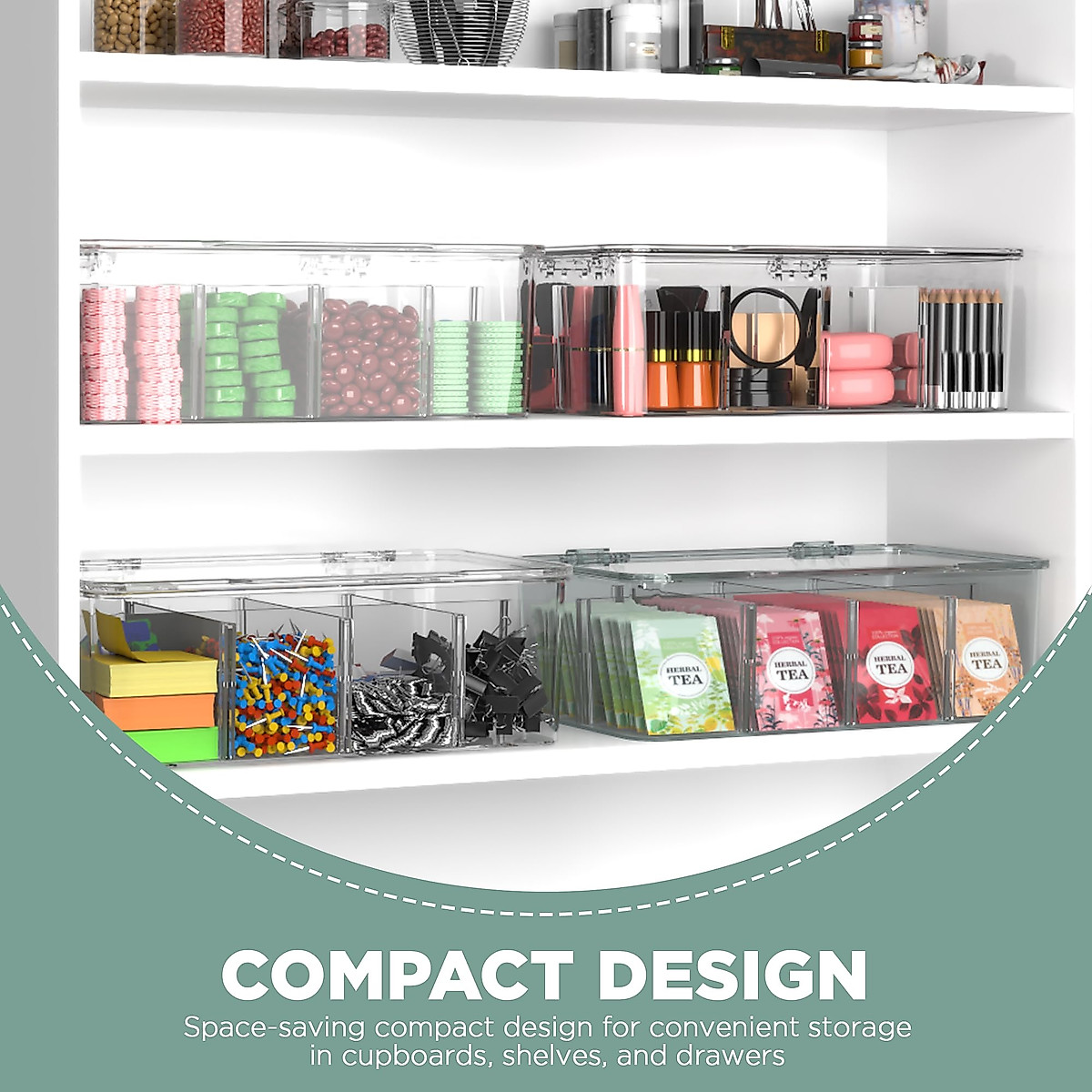 Utopia Home (3 Pack) Tea Bag Organizer - Stackable Tea Bag Storage Organizer with Clear Top Lid- Tea bag holder For Counter tops, Kitchen Cabinets, Pantry, Sweeteners (Clear)