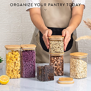 Laramaid Glass Jar Set (3x22oz/1x35oz/1x40oz/1x71oz) Set of 6 with Minimalist Pantry Labels, Square Canister Jars with Bamboo Lids and Customized Sticker Labels