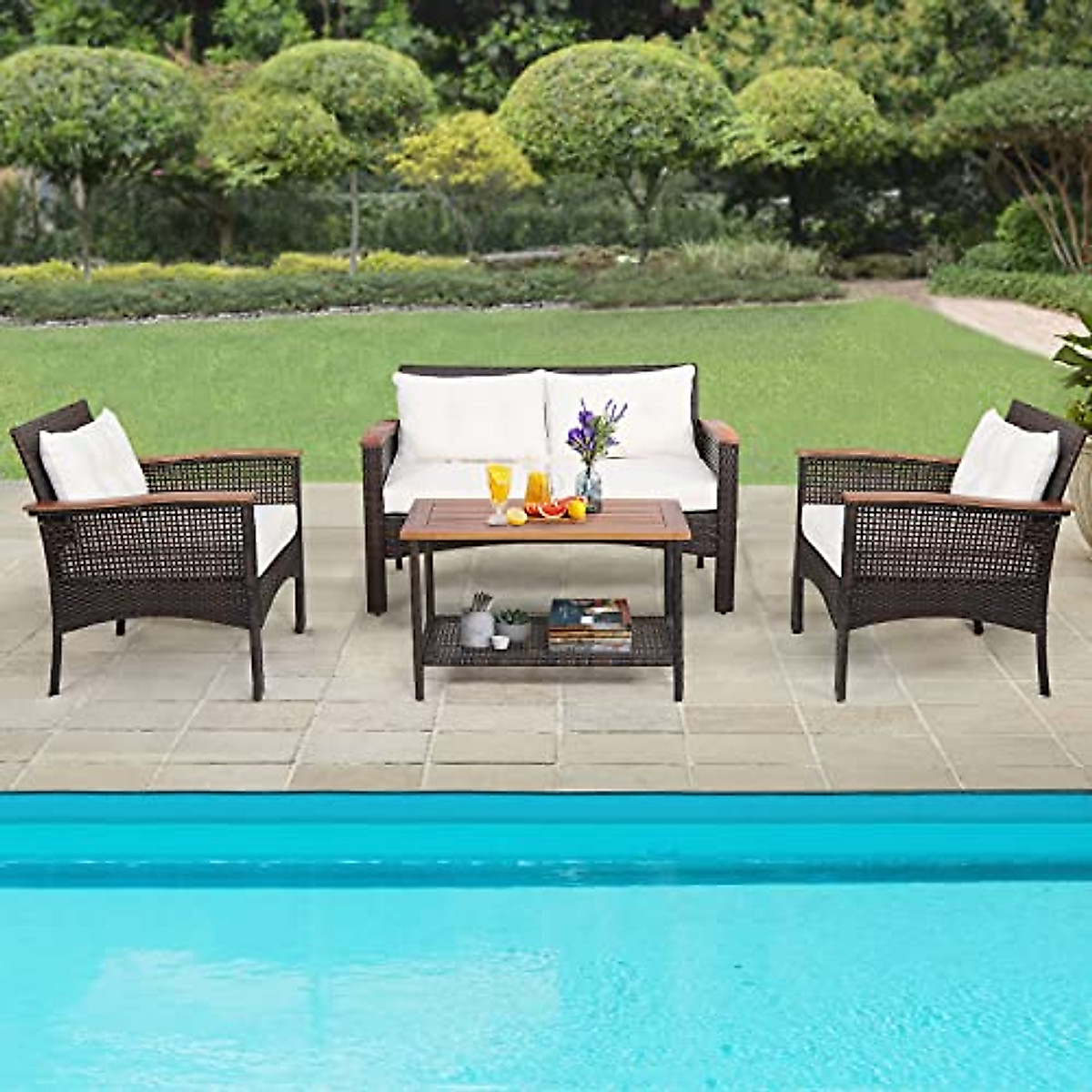 Tangkula 4-Piece Patio Furniture Set, Patiojoy Acacia Wood Outdoor PE Wicker Conversation Set with Cushions, PE Rattan Sectional Sofa Set for Lawn, Porch, Poolside, Backyard (Off White)