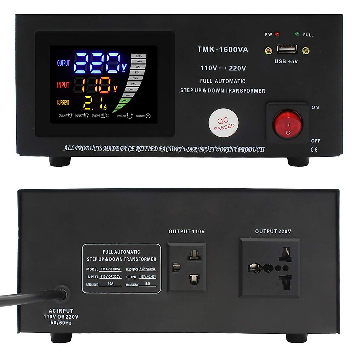 Yinleader Voltage Converter Transformer(220V to 110V, 110V to 220V) Step Up/Down Transformer Converter 110/120 Volt - 220/240 Volt - Circuit Breaker Protection (TMK-1600)