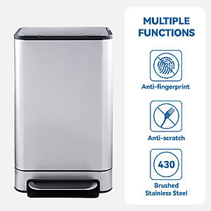 Kitchen Trash Can - ELPHECO - 13.2 Gallon Stainless Steel Garbage Bin with Soft Slow Lid, 50 Liter Pedal Trash Can, Durable Pedal, Removable Plastic Inner Bucket Waste Bin for Office, Kitchen, White