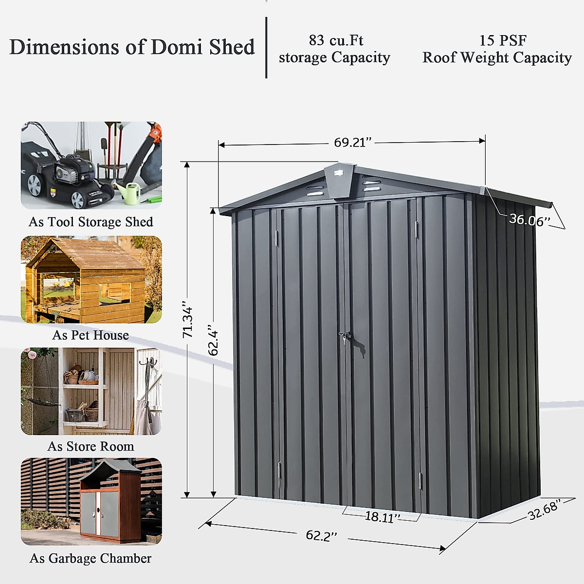 Domi Outdoor Storage Shed 5.7'x 3', Metal Garden Shed for Bike, Trash Can, Tools, Lawn Mowers, Pool Toys, Galvanized Steel Outdoor Storage Cabinet with Lockable Door for Backyard, Patio, Lawn