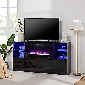 AMERLIFE 68" TV Stand with 40" Electric Fireplace, Modern High Gloss Media Entertainment Center with LED Lights for TVs up to 78", TV Console Cabinet with Glass Shelves Lower Storage, Black
