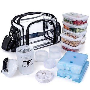 ThinkFit Clear Lunch Bag with 6 Meal Prep Containers - BPA-Free, Reusable, Microwave + Freezer Safe - With Shaker Cup and more! Clear Lunch Box - Clear Lunch Bags for Work - Transparent Lunch Bag