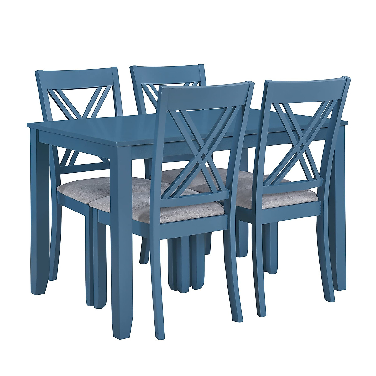 WOZNLA 5-Piece Rustic Round Dining Set-Minimalist Wood Kitchen Table with 4 Comfortable X-Back Padded Chairs-Ideal for Cozy Gatherings, Blue