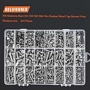 HELIFOUNER 810 Pieces M3 M4 M5 M6 304 Stainless Steel Button Head Socket Cap Metric Screws Bolts, Flat Washers and Nuts Assortment Kit with Hex Wrenches