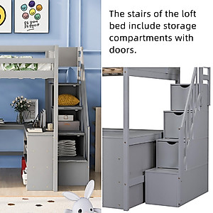 Merax Wood Full Size Loft Bed Frame with Built-in L Shaped Desk & 3 Storage Shelves & Attached Storage Stairs for Kids, No Box Spring Needed, Gray