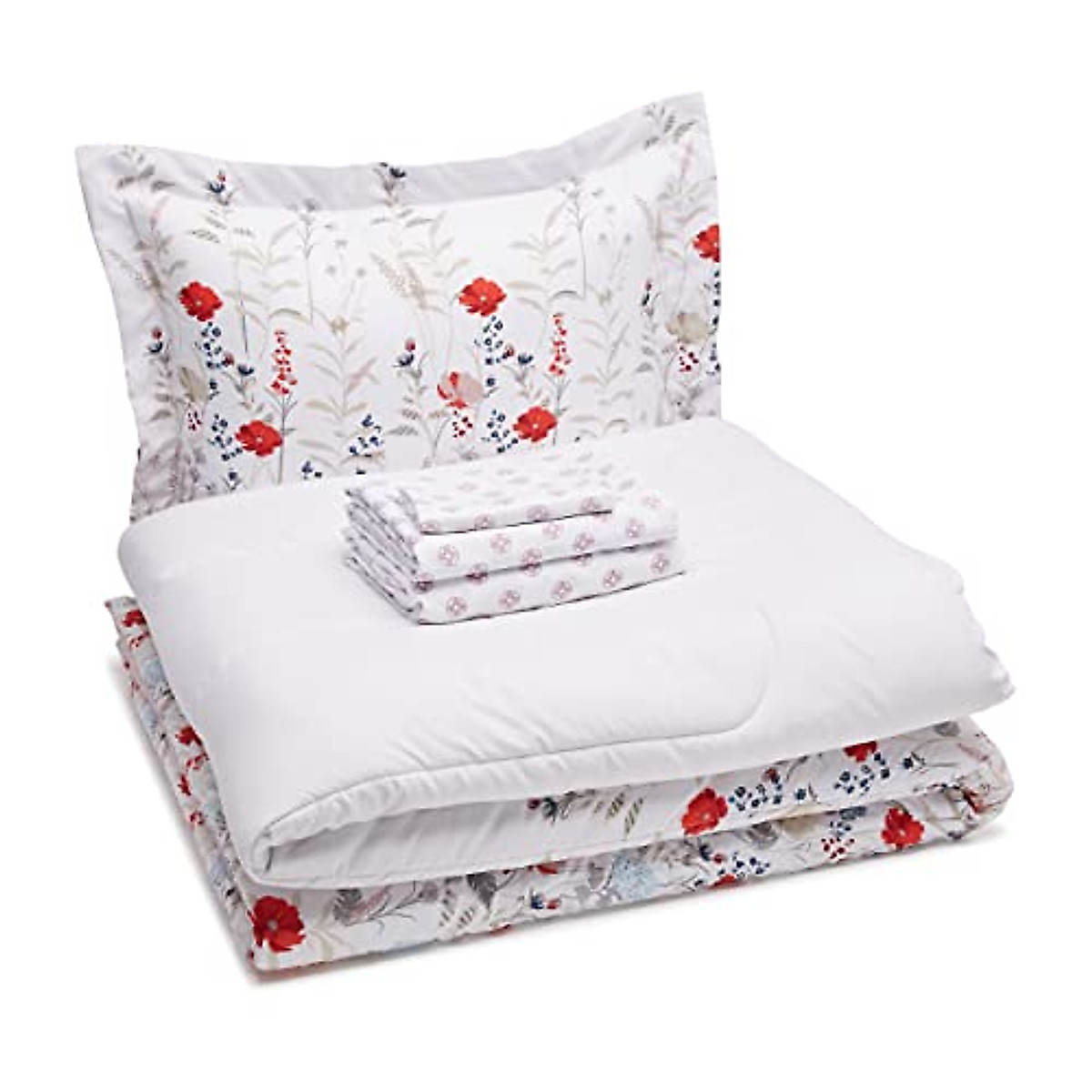 Amazon Basics Ultra-Soft Lightweight Reversible Microfiber Comforter Bed-in-a-Bag, 5-Piece Set, Twin/Twin XL, Pink Floral