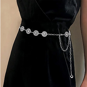 ELABEST Vintage Waist Chain Belt Silver Waistband Adjustable Carved Concho Belly Chain Body Jewelry Accessories for Women Jeans Dresses (Silver)