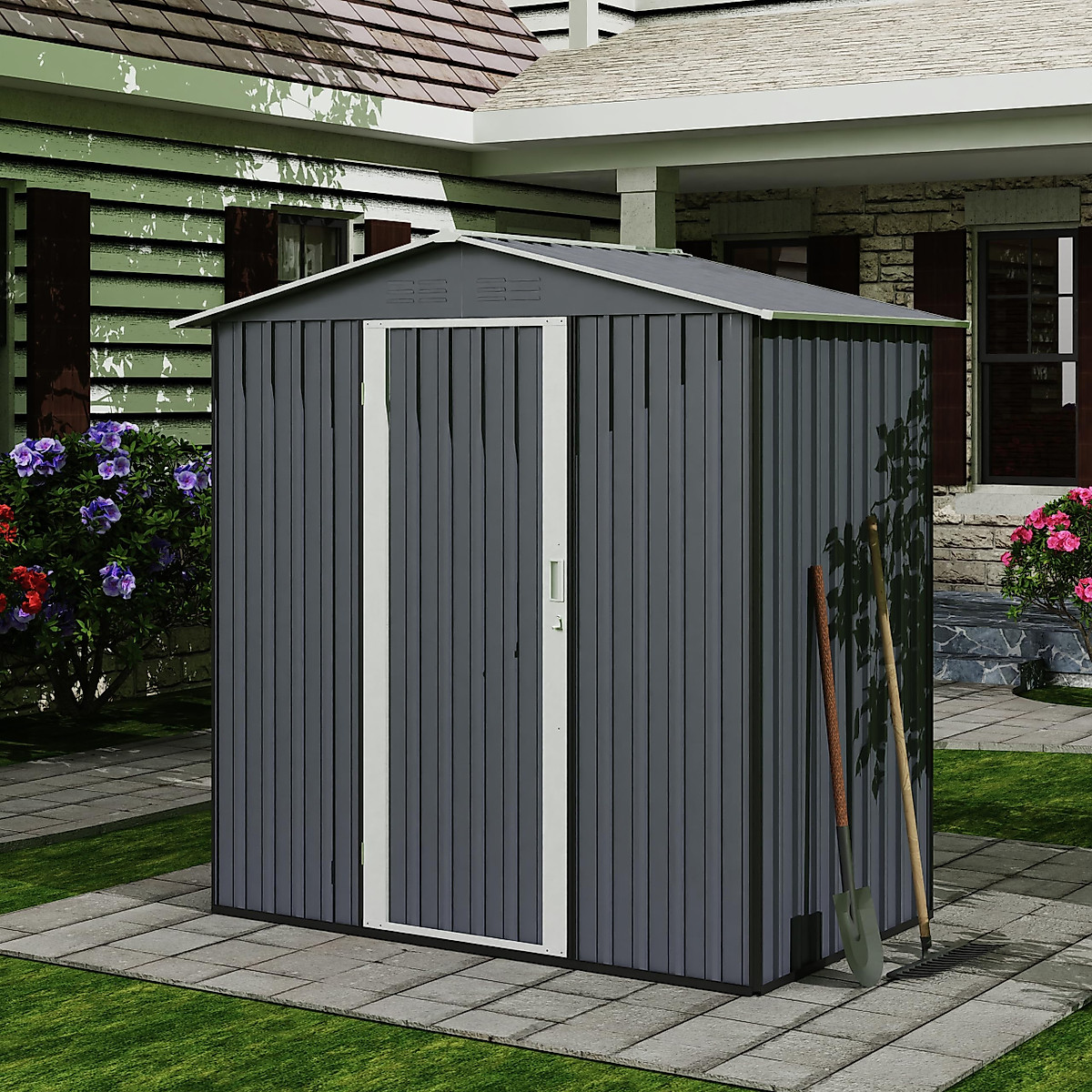 Bathenum 6FT x 4FT Outdoor Storage Shed, Waterproof Metal Tool Sheds, Large Storage Garden Sheds with Lockable Door, Sloping Roof and Vent for Backyard Garden Patio Lawn, Gray