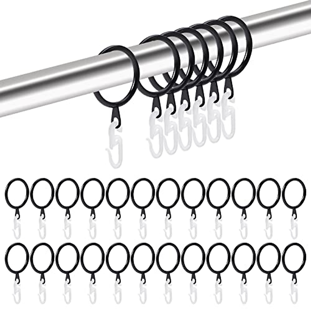 CALIDAKA Curtain Rings, 24Pack Black Curtain Rings and Hooks, 30mm Metal Hanging Rings with Curtain Hooks, Durable Curtain Drapery Pole Rod Rings for Window Rods, Shower Curtains Hanging