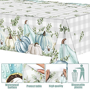 4 PCS Pumpkin Plastic Tablecloth Fall Plaid Table Covers Disposable Blue Pumpkin Table Cover Eucalyptus Pumpkin Waterproof Tablecloths for Autumn Harvest Thanksgiving Party, 54 x 108 Inch