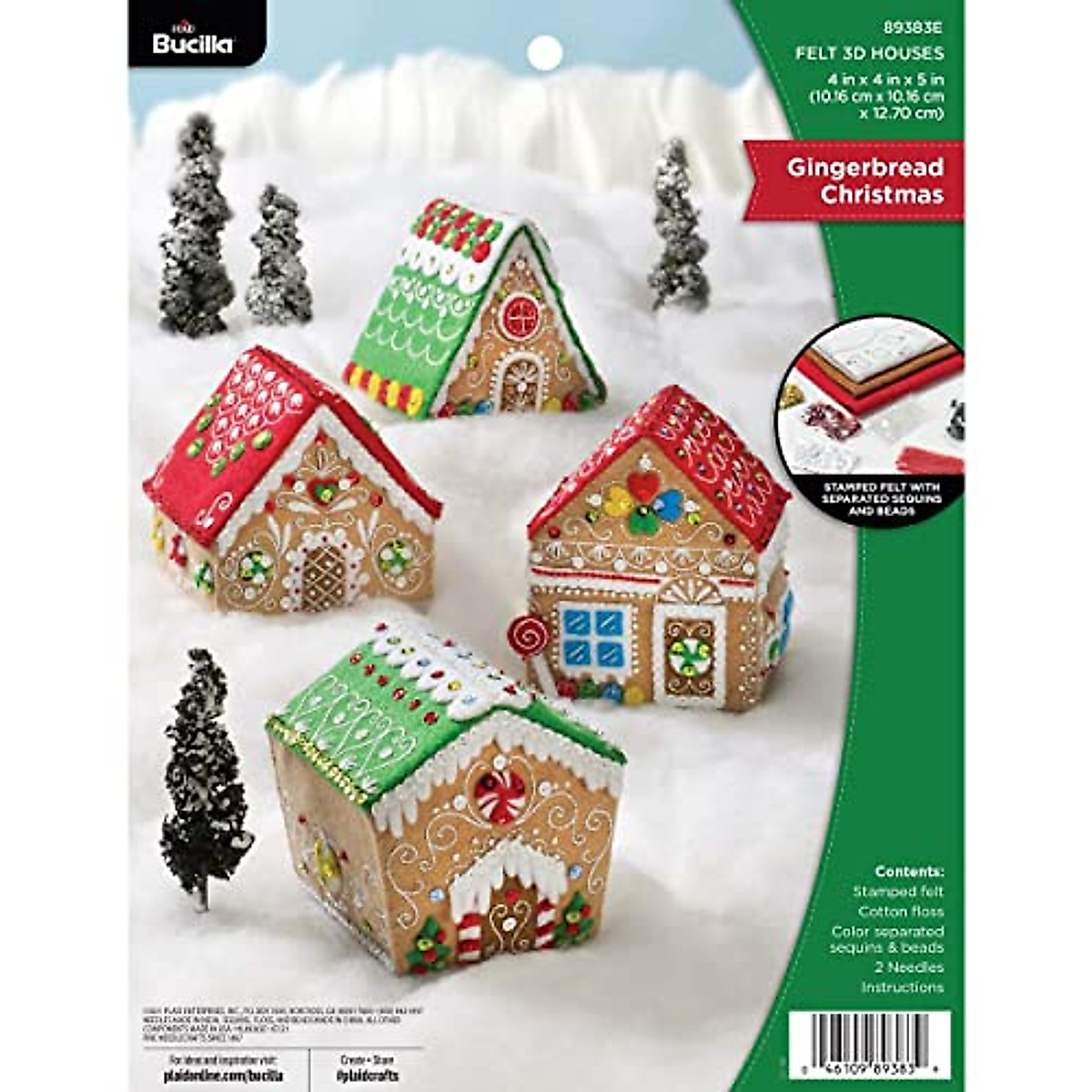 Bucilla Felt Applique 4 Piece Ornament Making Kit, Gingerbread Christmas, Perfect for DIY Arts and Crafts, 89383E