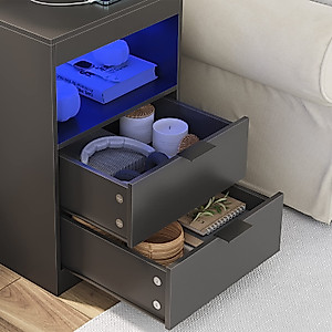 Tiptiper Black Nightstand with Wireless Charging Station and LED Lights, Bedside Table with 2 Drawers, Open Storage, 1 Pull-Out Tray, End Side Table with Charging Station, LED Night Stand with Storage