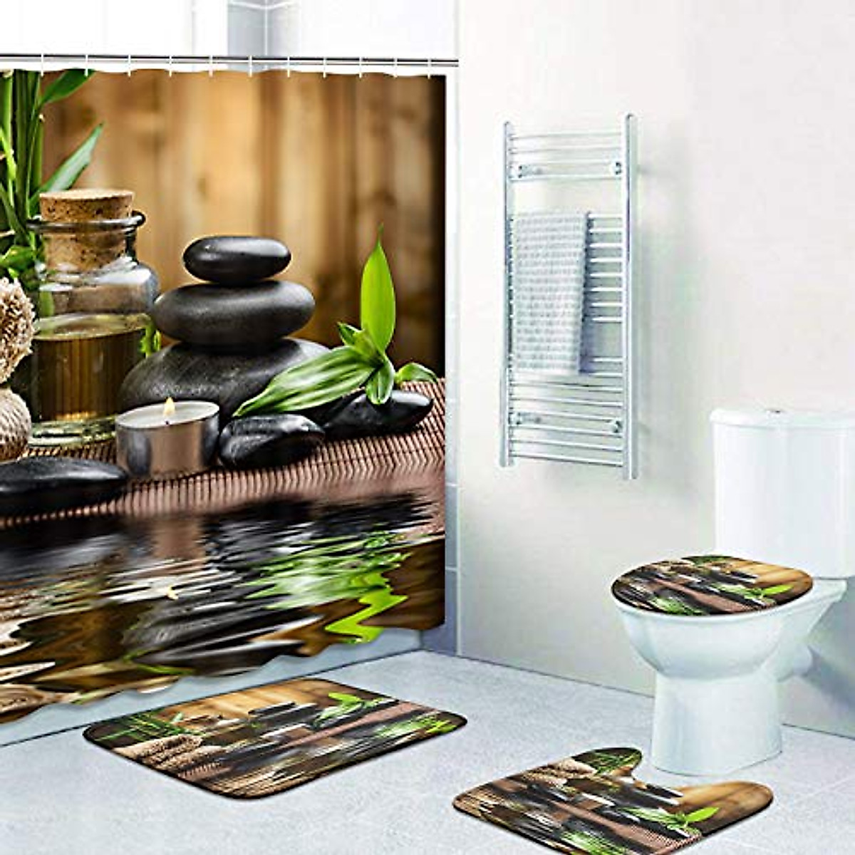 ArtSocket 4 Pcs Shower Curtain Set Stones spa Oil Wood Massage Relax Candle ayurvedic Water Bamboo Green with Non-Slip Rugs Toilet Lid Cover and Bath Mat Bathroom Decor Set 72" x 72"