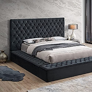 Woodpeckers Furniture And Mattress Cosmopolitan Velvet Tufted Upholstered Storage Platform with Headboard/Bed Frame Wood Slat Support No Box Spring Needed (Black, King (U.S. Standard))