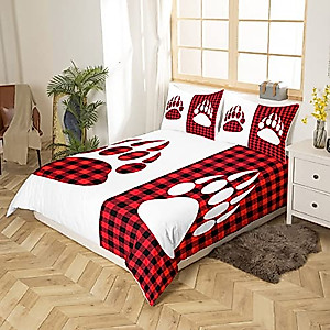 Manfei Kids Bear Paw Print Duvet Cover Set Full Size, Wildlife Footprint Bedding Set 3pcs for Boys Girls Room Decor, Red Black Plaid Print Comforter Cover Animal Theme Quilt Cover with 2 Pillowcases