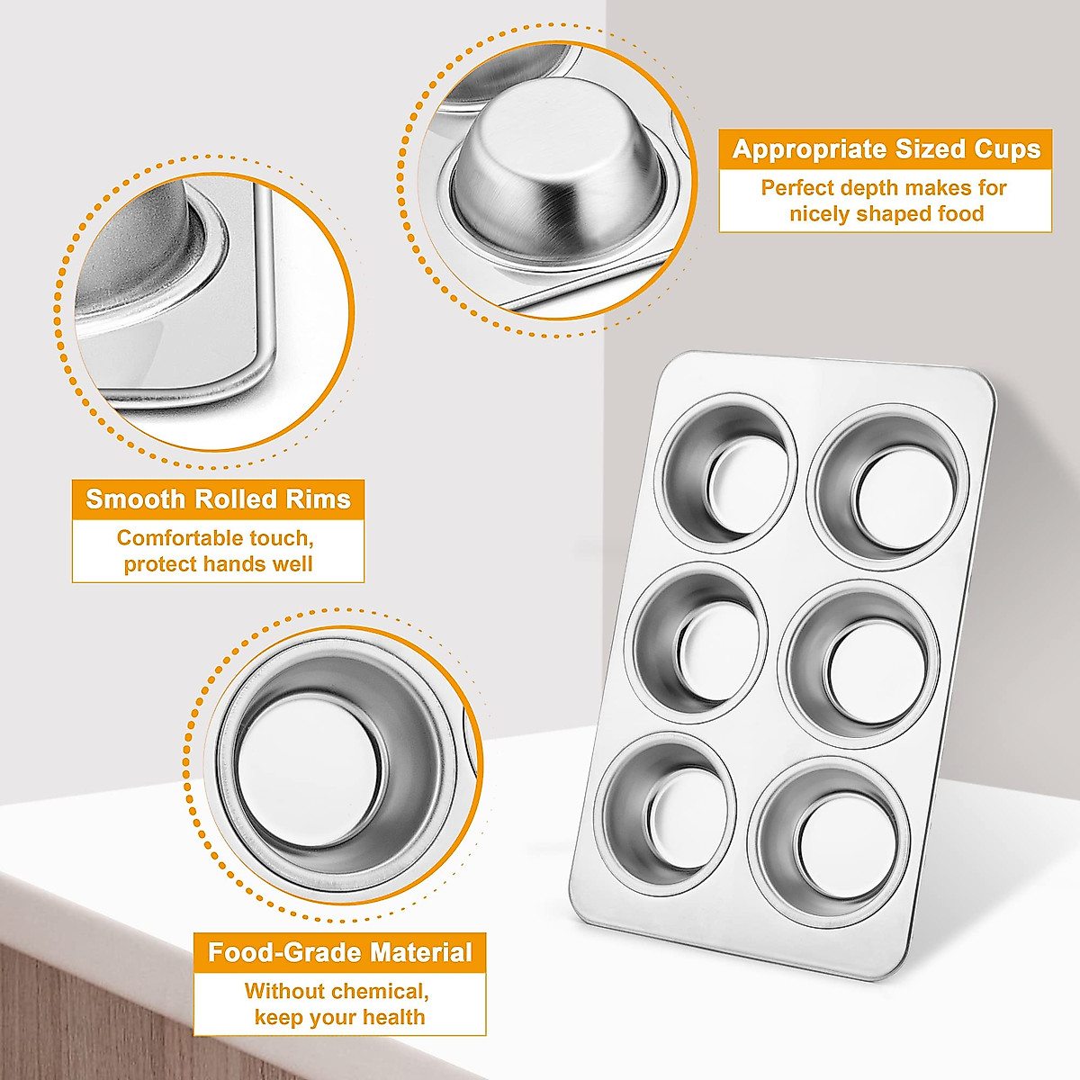 LIANYU Muffin Cupcake Pan Set of 2, Nonstick Muffin Pans Tin 6 Cups, Stainless Steel Dessert Muffin Top Pan Tray for Baking Oven, & Dishwasher Safe