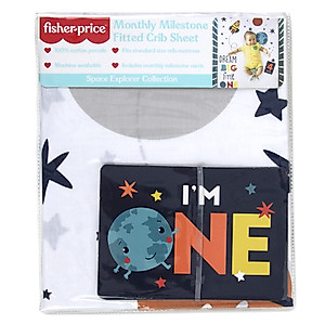 Fisher Price Space Explorer Baby Milestone Sheet, Fitted Crib Sheet Cotton Stars Space Themed Nursery Bedding 28x52” Fitted Crib Sheet for Boys