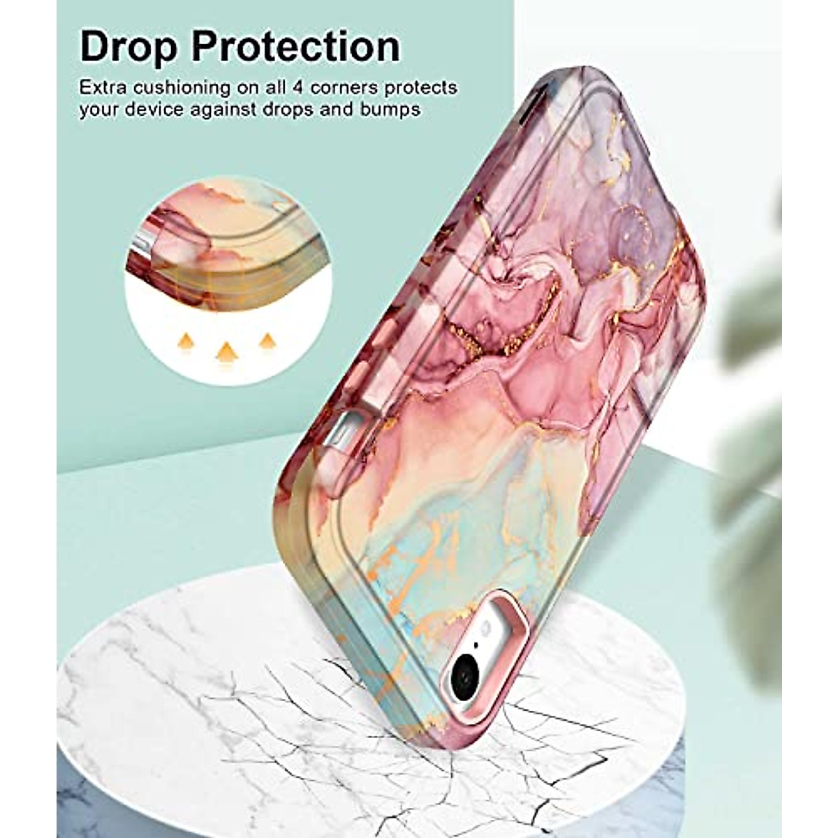 Btscase Compatible with iPhone XR Case, [5 in 1] with 2 Pack Screen Protector + 2 Pack Camera Lens Protector, Stylish Marble Full Body Three Layer Rugged Shockproof Protective Cover, Rose Gold