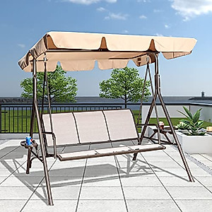 GOLDSUN 3 Person Outdoor Weather Resistant Patio Glider Swing Hammock Chair w/ Utility Tray & Sunshade Canopy for Patio, Garden, Deck, or Pool, Taupe