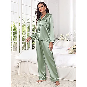 OYOANGLE Women's Satin Long Sleeve Pajama Set Button Down Silk Pj Set Sleepwear Lounge Set Mint Green XL