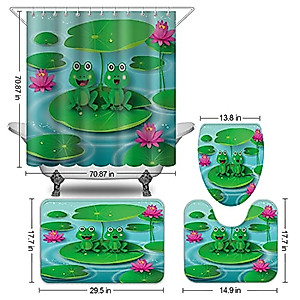 YSWOW 4PCS Bathroom Sets with Shower Curtain and Rugs and Accessories, Green Funny Cartoon Animal Frog on Rainy Tree Branch Modern Bathroom Decor Shower Curtain Sets with Rugs (Frog 15)