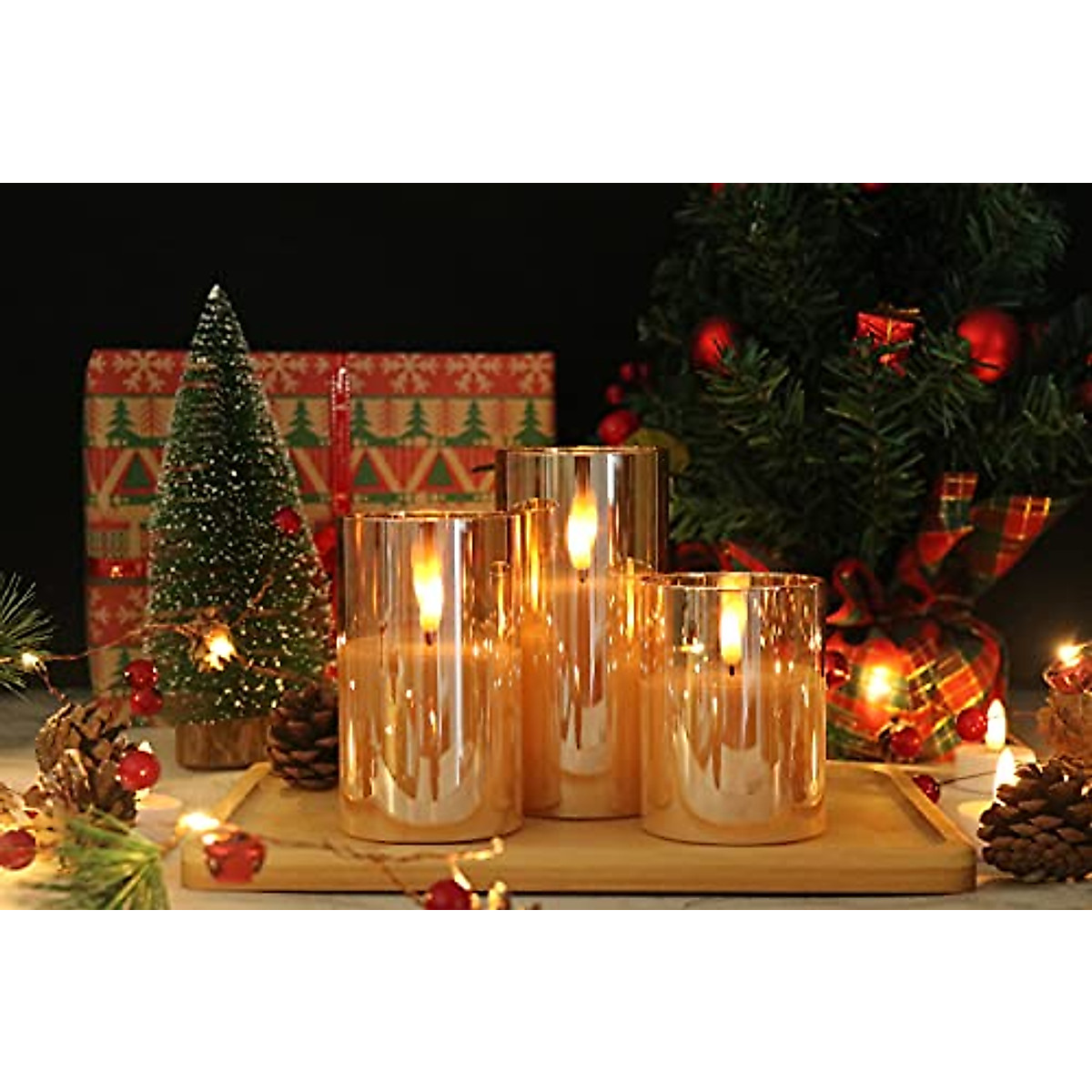 GenSwin Flameless Led Candles Flickering Battery Operated with Remote, Real Wax 3D Wick Moving Pillar Candles with Timer Remote Glass Effect for Festival Wedding Christmas Home Decor(Gold)