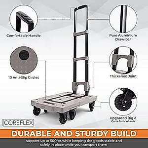 Hand Truck, COREFLEX Folding Hand Truck Foldable with 7 Wheels 500lbs Heavy Duty Hand Truck Dolly Adjustable Handle for Luggage, Travel, Moving, Shopping, Personal and Office