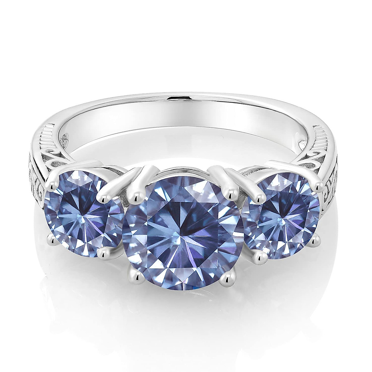 Gem Stone King 925 Sterling Silver Round Blue Moissanite 3 Stone Ring For Women (3.50 Cttw, Available In Size 5, 6, 7, 8, 9)