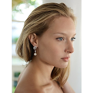 Mariell Pearl Drop Wedding Bridal Earrings, Cubic Zirconia and Pearl Drop Earrings for Brides, Bridesmaid