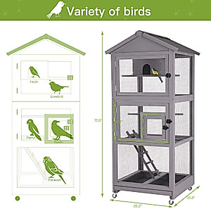 GUTINNEEN Outdoor Bird Aviary Wooden Large Bird Cage on Wheels, Featuring Play Stand, Perches, Nest Habitat, Include Wire Mesh above Bottom Tray Easy to Clean
