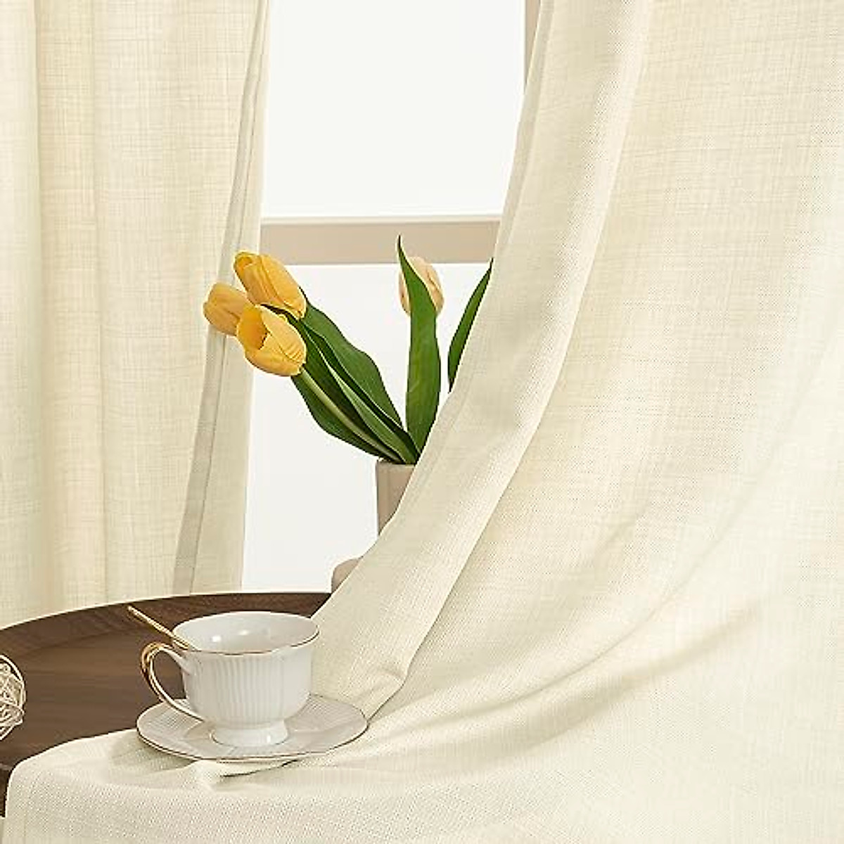 LAMIT Linen Curtains 84 Inches Long for Bedroom, Grommet Top Thick Light Filtering Drapes Privacy Semi Sheer Panels for Farmhouse/Living Room, 2 Panels Set, 52 x 84 Inch, Cream Beige