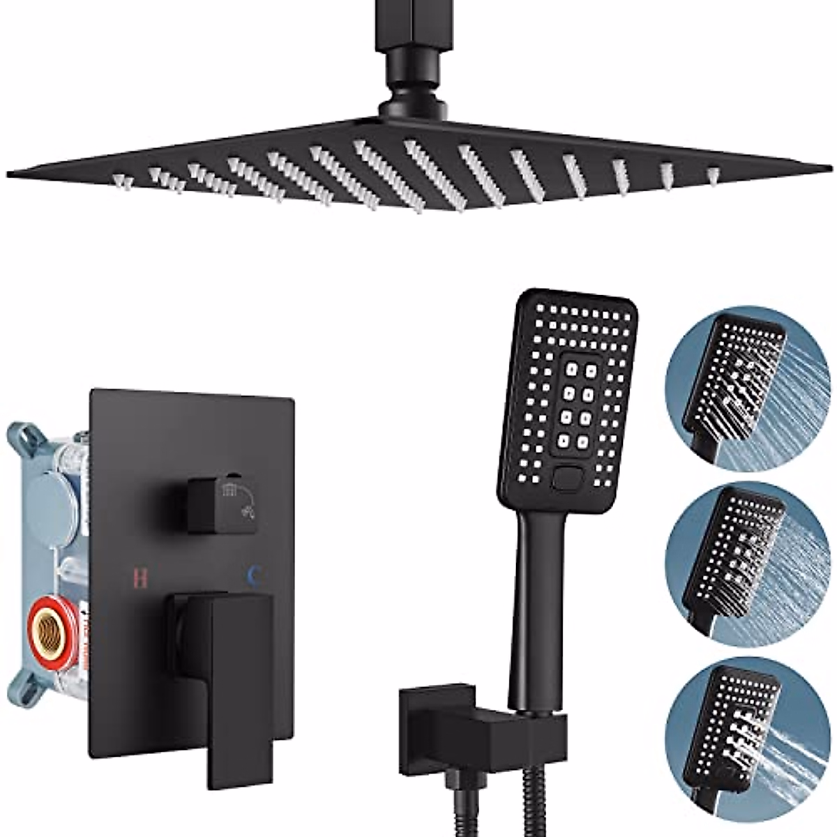 Aolemi Matte Black Shower System Ceiling Mount 12 Inch Rain Shower Head with 3 Functions ABS Handheld Spray Luxury High Pressure Shower Combo Set Rough-in Valve and Shower Trim Included Bathroom