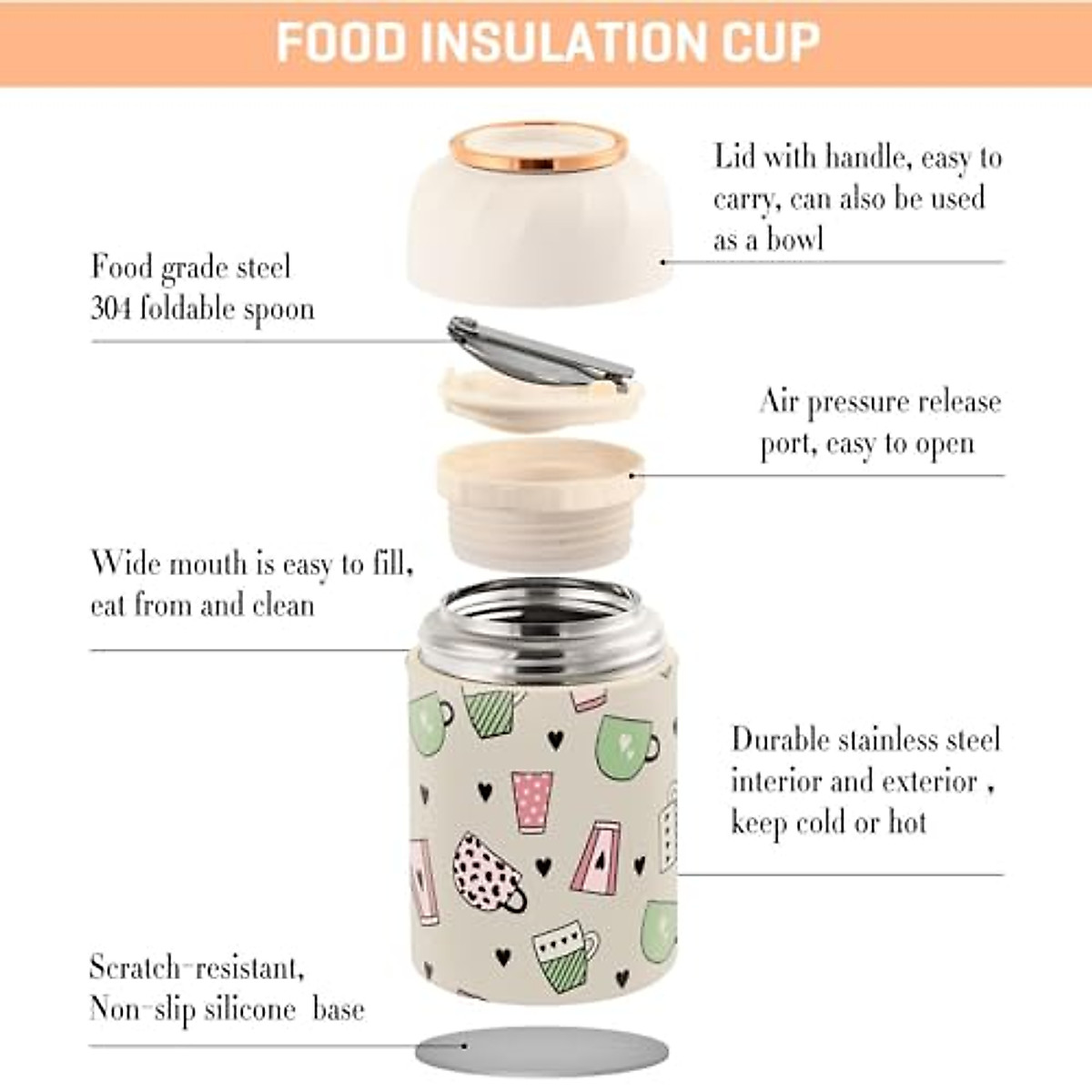 Coffee Cups with Green Pink Hearts on Gray Kids Womens Insulated Food Jar Containers with Spoon 17oz/500ml Food Jar Insulated Stainless Steel Vacuum Food Warmer Thermal Lunch for Insulated Hot Food