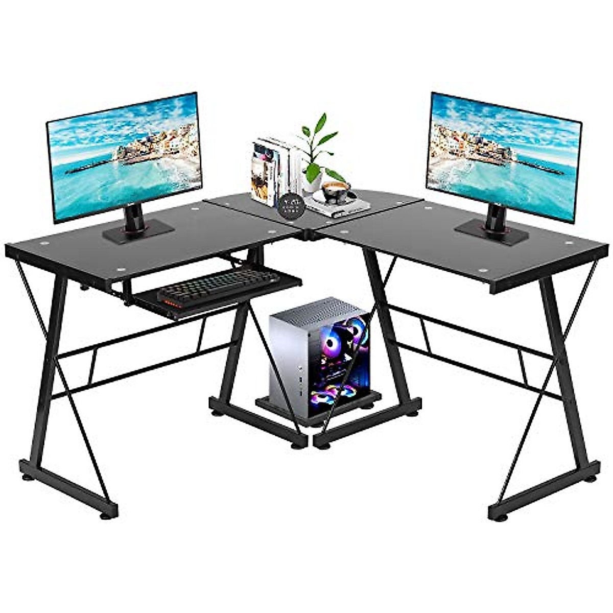 FDW Computer Desk Gaming Desk L Shaped Corner Desk Home Office Writing Workstation Toughened Glass Study Keyboard CPU Stand PC Modern Table for Small Spaces,Black
